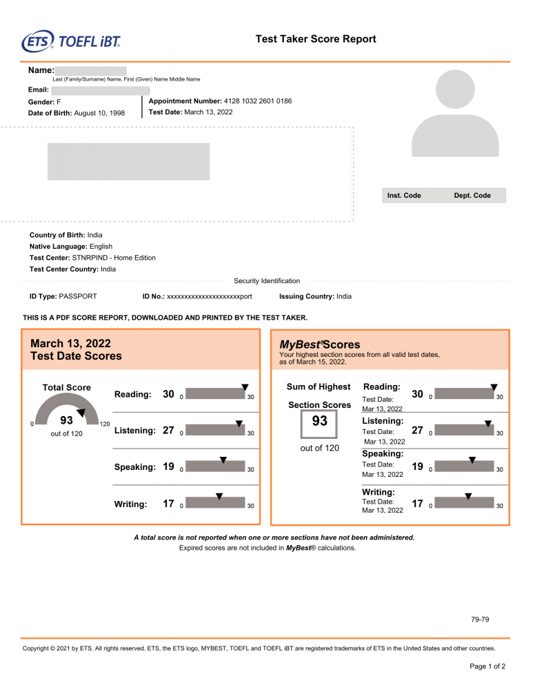 TOEFL Certificate Sample | TOEFL Score Report