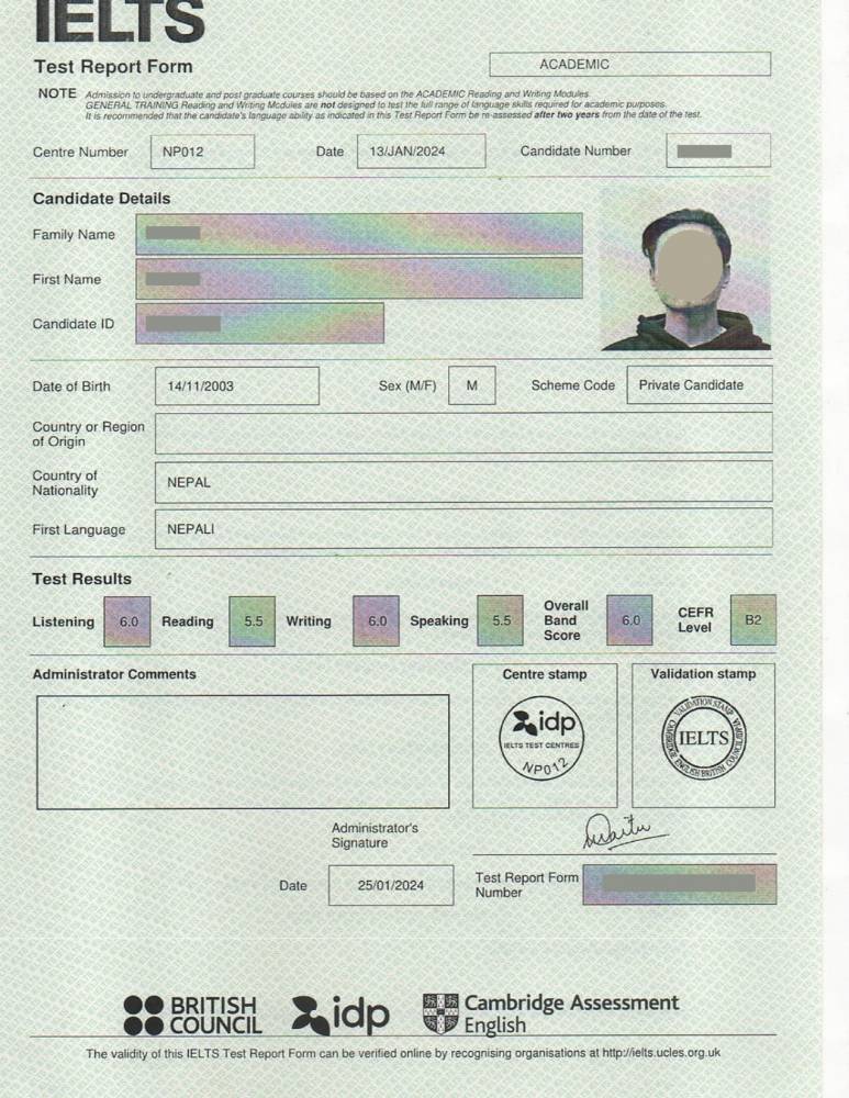 IELTS Certificate | IELTS Certificate Sample in Nepal