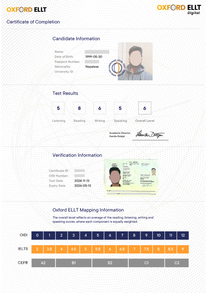 Oxford ELLT Certificate| Oxford English Test Certificate Sample